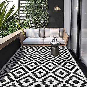 HOYJA Outdoor Plastic Straw Rug for Patio RV Camping 5 x 8ft Waterproof Black White Outdoor Area Rugs,Reversible Portable Large Floor Mat and Carpet for Oustide Deck Picnic Beach Trailer