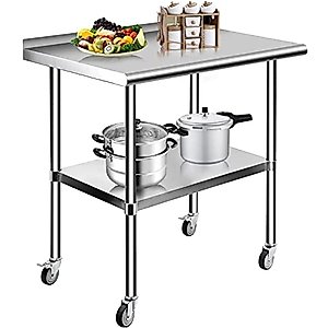 MYOYAY Commercial Stainless Steel Table with Caster Wheels 36"x24" Kitchen Worktables with Backsplashs Prep Food Workbench Under Shelf 330~550lbs Capacity for Restaurant