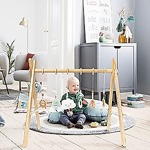 Golener Baby Play Gym Wooden Baby Gym with 6 Infant Activity Toys,Foldable Frame Hanging Bar,Toddler Activity Center with Pull Ring,Wood Gyms for Newborn Gift, Girl & Boy Shower Gift,Easy to Assemble