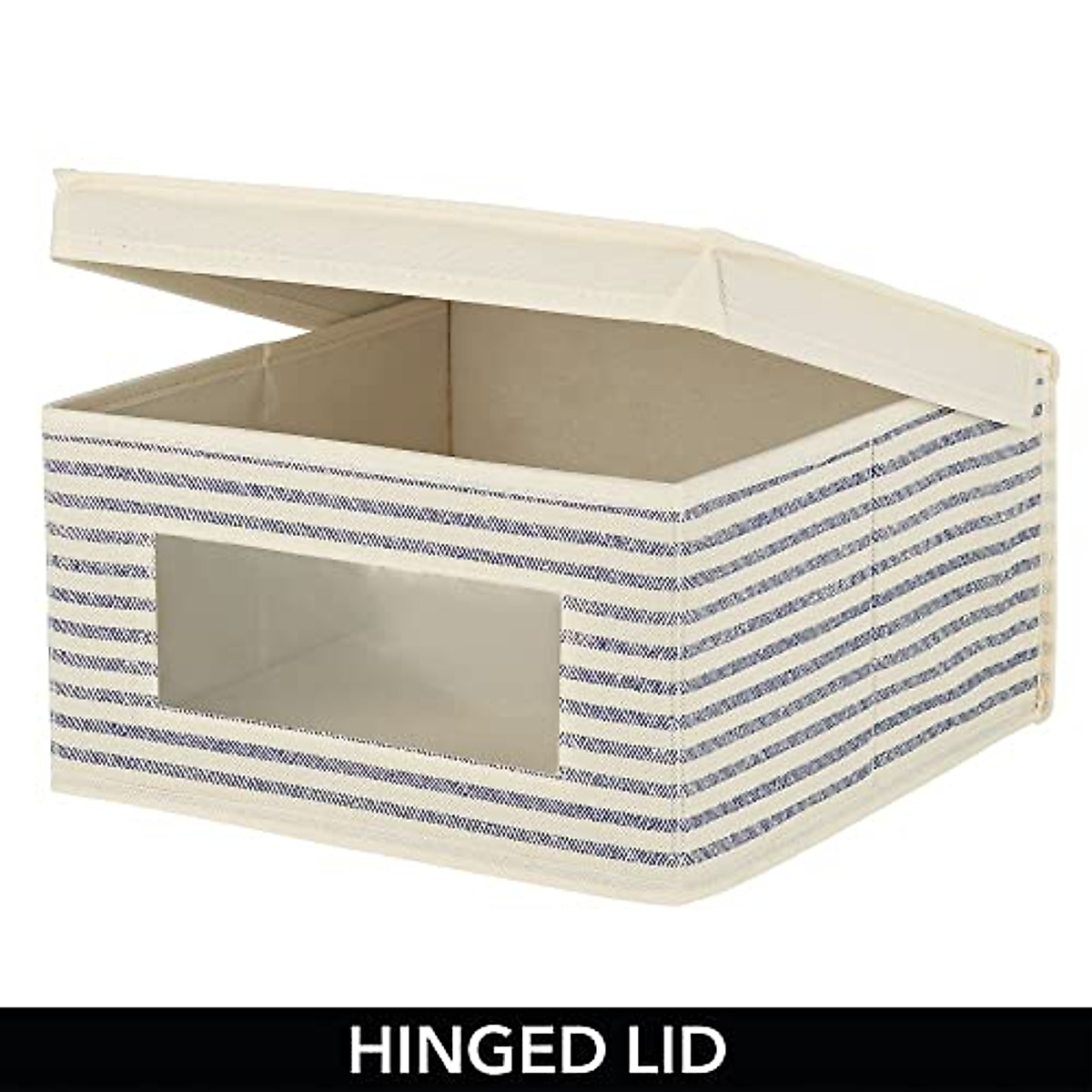 mDesign Medium Fabric Stackable Closet Storage Organizer Box, Front Window/Lid for Bedroom, Office, Mudroom Organization, Hold Clothes, Blankets, Linens, Lido Collection, 4 Pack, Natural/Blue Stripe