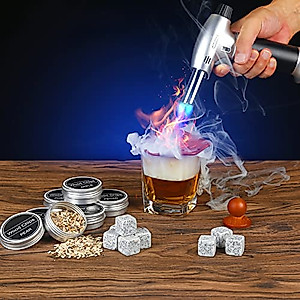 Cocktail Smoker Kit, PESUITOR Old Fashioned Whiskey Smoker Kit with Torch Marble Stones Wood Chips, Drink Smoker Infuser Kit Birthday Bourbon Whiskey Gifts for Men, Dad, Husband Father (No Butane)