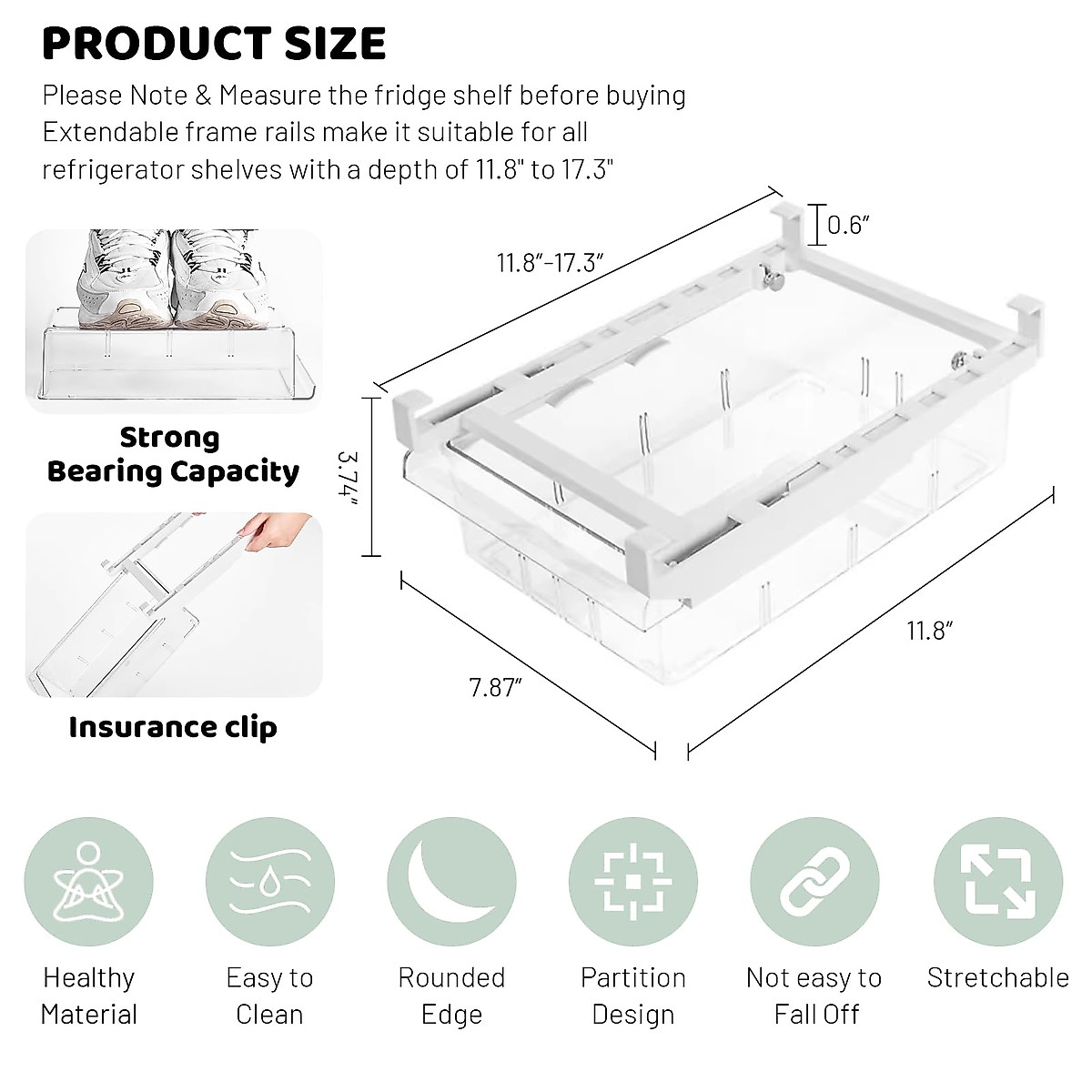 CESHRR Fridge Organizer Drawer, Refrigerator Drawer Organizer, Pull Out with Handle,Pull Out Shelf Storage Transparent Organizer for Egg,Fruit,Vegetable,Seafood,Beef-4 compartments