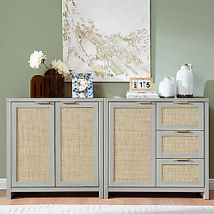 OAKHAM HOME Hampstead 3 Drawer Storage Cabinet Accent Storage Cabinet with Rattan Drawers, Buffet Kitchen Cabinet Sideboard Buffet with Adjustable Interior Shelves for Living Room, Hallway, Pale Oak