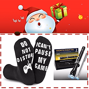 Funny Gaming Socks and LED Telescoping Magnet Pickup Tool Set with Lights - Stocking Stuffers Gifts for Women Teenage Boy Girl
