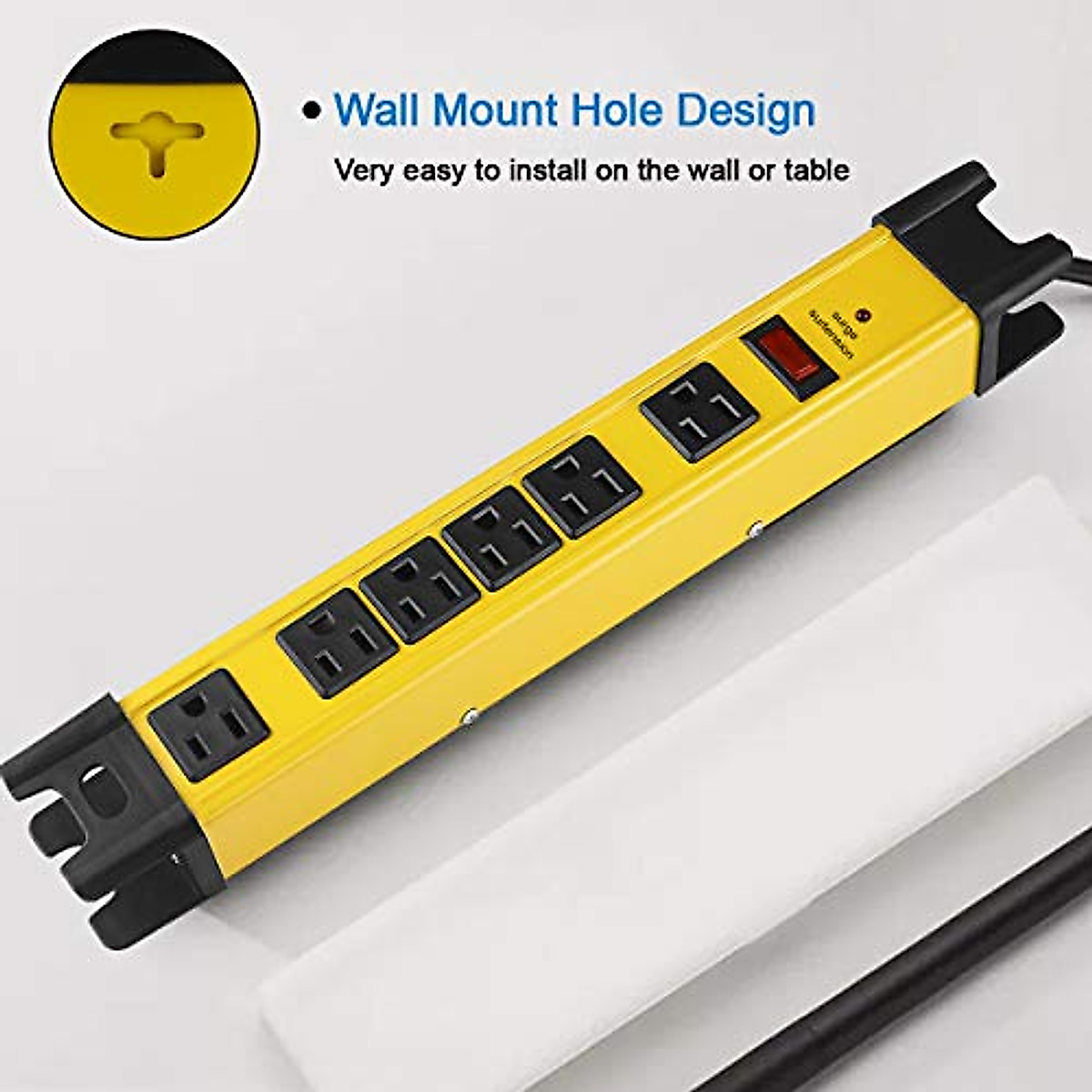 CCCEI Heavy Duty Power Strip Surge Protector with 15A, 6 Outlet Industrial, Shop Workshop Garden Metal Power Strip with 6FT Cord 1200 Joules ETL Listed, Yellow