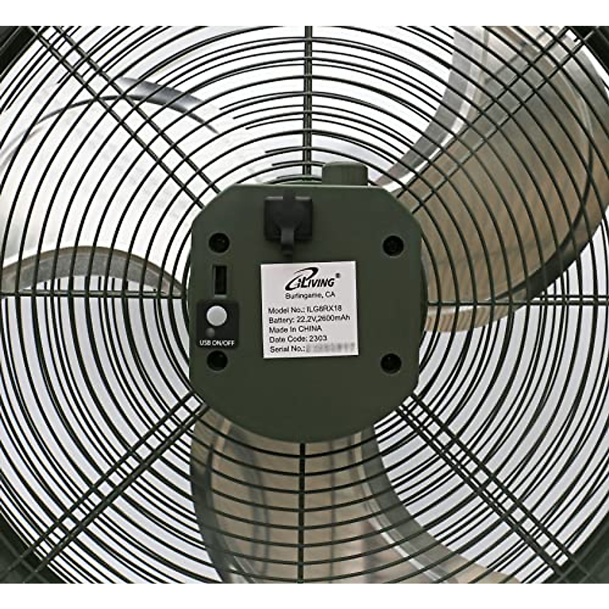 iLiving 18" Rechargeable Battery Operated Camping Floor Fan, High Velocity Portable Outdoor Fan with Metal Blade, With Built-in Lithium Battery for Whole Day Usage, 18 Inches, Military Green