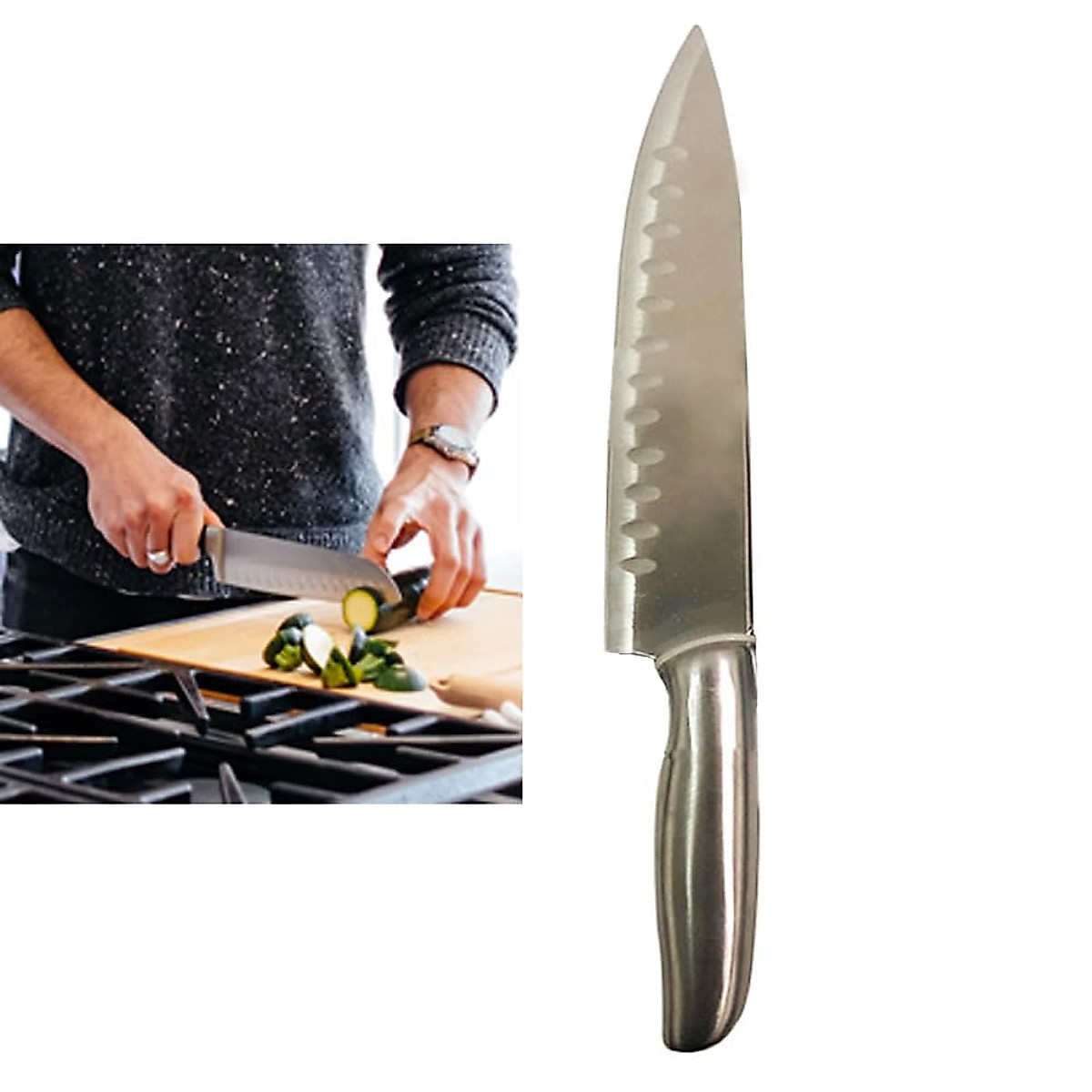 1 Pc Santoku Knife Sharp Japanese Kitchen Cooking Chef Sushi Fish Meat Vegetable 12.5" Long Stainless Steel Sharp Blade Scalloped Hollow Edge Ergonomic Handle Cutter Slicer Sashimi Gourmet Kitchen