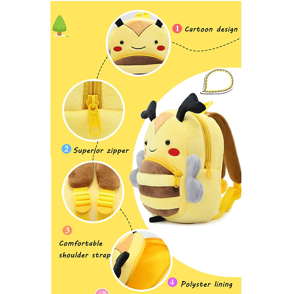 Ladyzone Toddler Backpack Zoo Animals Backpacks Cute Plush Bag Cartoon 10" Preschool Book Bag For 2+ Years Girls Boys (Bee)