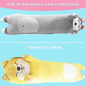 ELAINREN Ultra-Soft Long Husky Dog Plush Pillow Cute Anime Siberian Husky Stuffed Toy Kawaii Long Husky Plushie Sleeping Pillow/35.4''