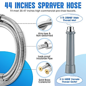 Replacement B-0044-H Pre-Rinse Hose for T&S Brass, 44 Inches Flexible Stainless Steel commercial sink sprayer Hose with Heat Resistant Gray Handle