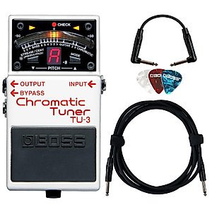 Boss TU-3 Chromatic Tuner Pedal - Bundle with 10ft Instrument Cable, 6in Patch Cable, and Picks