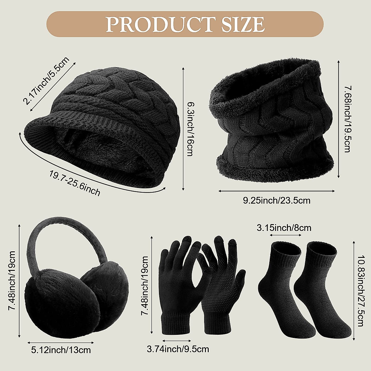 6 Pcs Winter Hat Gloves Scarf Earmuffs Socks Set Knit Beanie Hat Neck Touch Screen Mittens Fleece for Women(Black)
