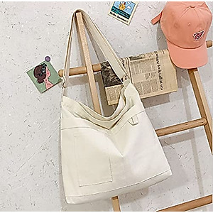 Kehpish Economical Cotton Tote Bag, Reusable Womens Canvas Tote Bag with 3 External Pocket, Top Zipper Closure White