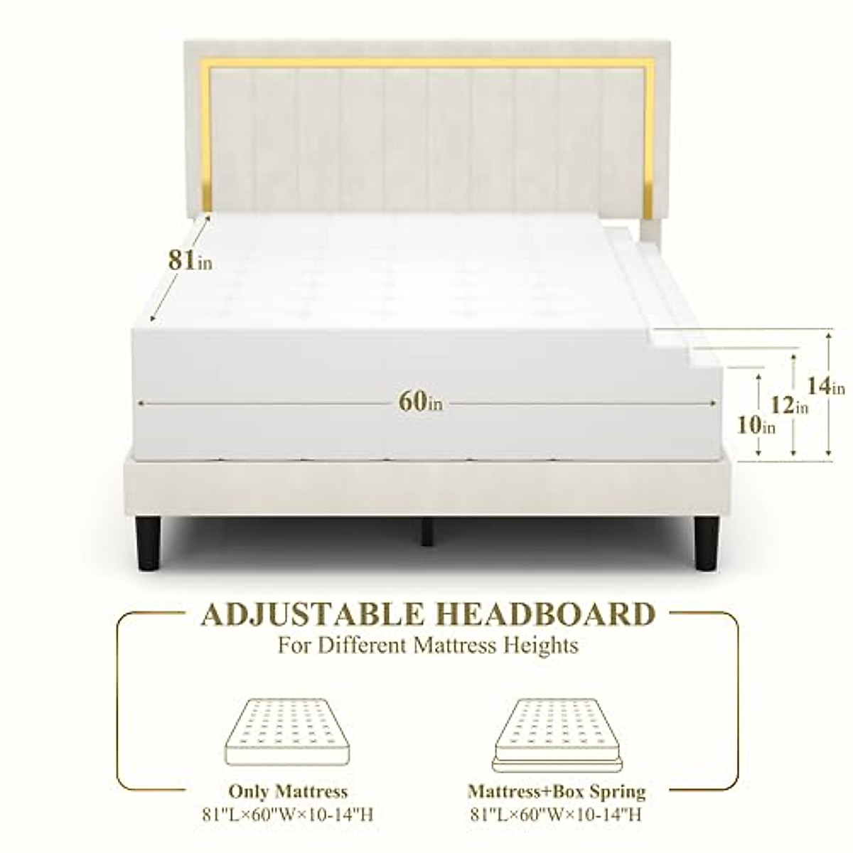Origeture Queen Platform Bed Frame with Adjustable Headboard, Velvet Upholstered Queen Bed Frame Modern with Wooden Slats & Gold Tufted, Heavy Duty, Easy Assembly, No Box Spring Needed, Beige