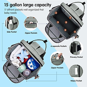 DERJUNSTAR Baby Diaper Bag Backpack with ChangingStation-Large Capacity Baby Bag for Boys & Girls, USBCharging Port, Pacifier Case, sunshade & Toy Bar,Waterproof， Ash Grey