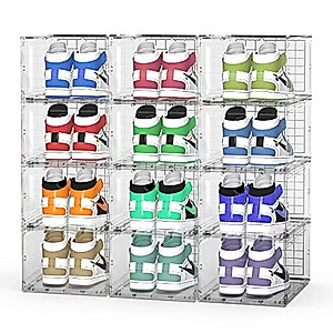WAYTRIM 12 Pack Shoe Organizer,Stackable Plastic Shoe Box with Clear Door Shoe Storage Boxes for Sneaker AJ Clear Shoe Boxes with Lids Shoe Storage Container Fit to Women Size 13,Clear White