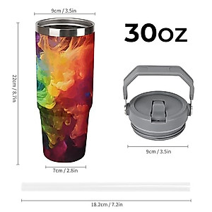 BWQJKUO Large Capacity Car Cup 30 Oz Stainless Steel Rainbow Smoke Printed Travel Mug Leak-proof Flip Straw Tumbler with Handle,keeps Cold Or Ho