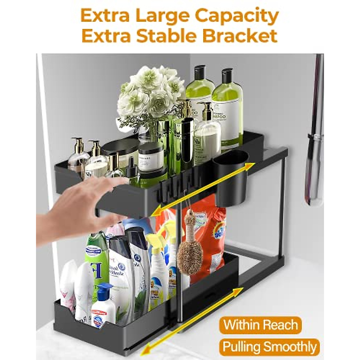 Under Sink Organizers and Storage Bathroom Organizer, 2 Tier Under Sliding Kicthen Cabinet Basket Organizer with Hooks, Hanging Cup, Dividers, Handles, Multi-purpose Under Sink Shelf Organizer, Black