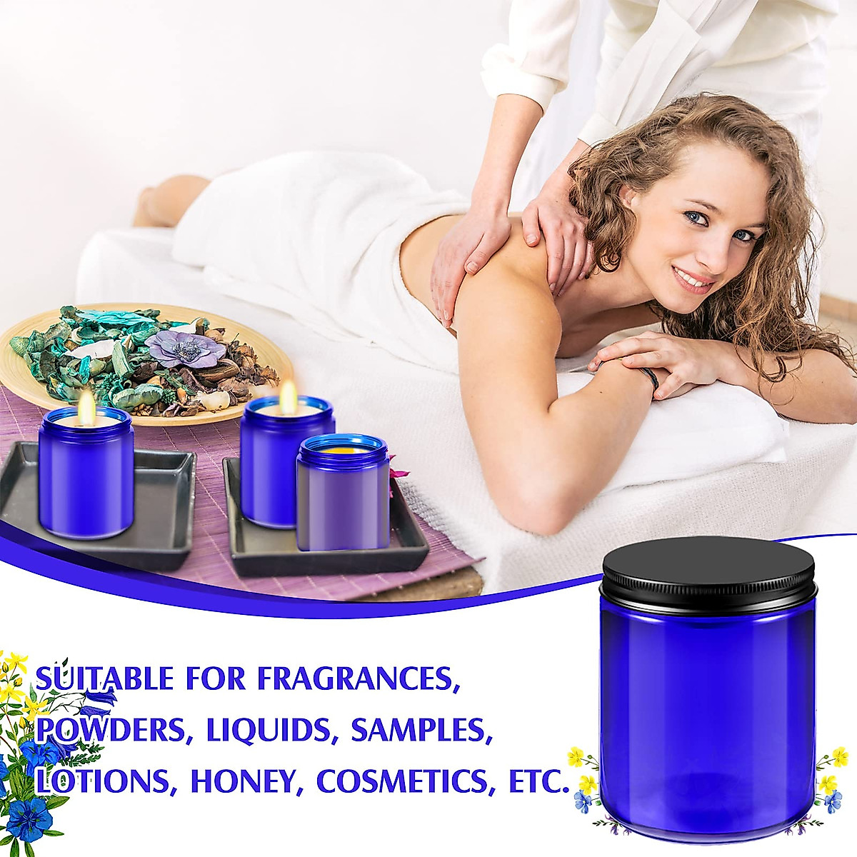 32 Pcs 8 oz Glass Jars with Black Metal Lids Round Empty Candle Making Jar Bulk Small Candle Jars Leakproof Canning Body Butter Containers for Spice Powder Liquid Food Storage (Blue)