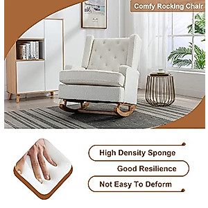 KINFFICT Upholstered Accent Rocking Chair, Mid Century Glider Rocker for Baby Nursery, Modern Wingback Armchair for Living Room, Bedroom, 300 LBS Weight Capacity, White