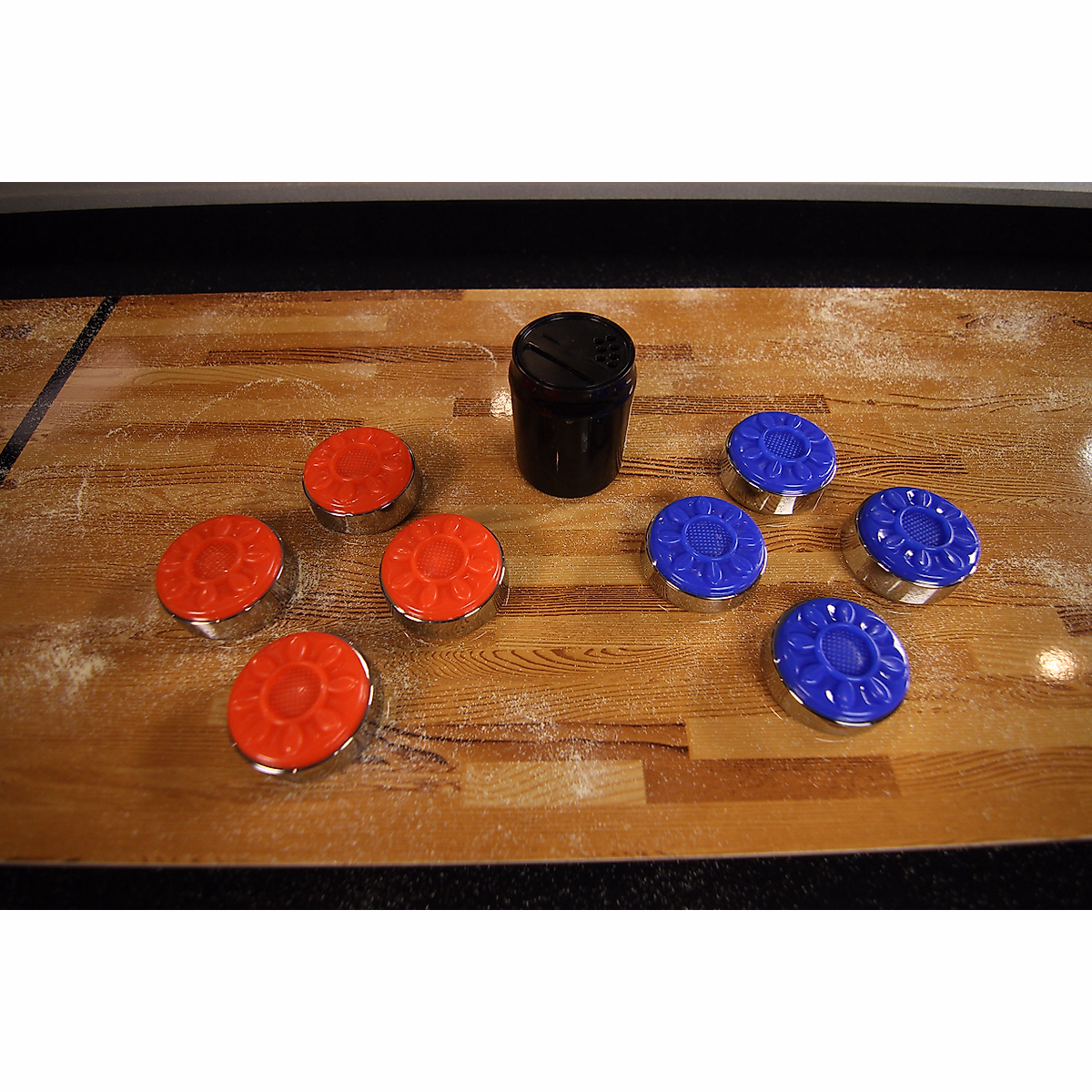 Atomic 9’ Platinum Shuffleboard Table with Poly-coated Playing Surface for Smooth, Fast Puck Action and Pedestal Legs with Levelers for Optimum Stability and Level Play