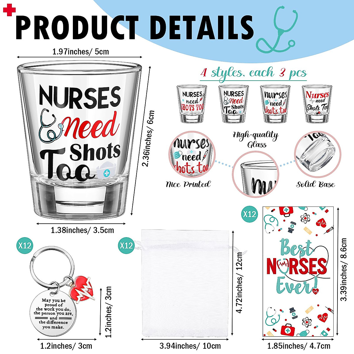 FoldTier 48 Pieces Nurse Gifts Include 12 Nurse Shot Glasses 1.8 Oz 12 Keychains 12 Gift Bags 12 Cards Nurse Appreciation Gifts for Nursing Students Graduation Gift Funny Birthday Presents School Gift