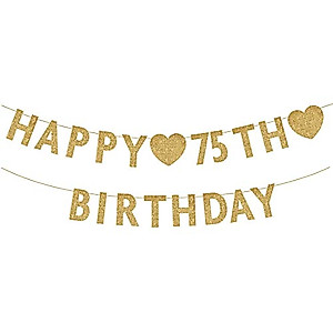 Gold Happy 75th Birthday Banner, Glitter 75 Years Old Woman or Man Party Decorations, Supplies