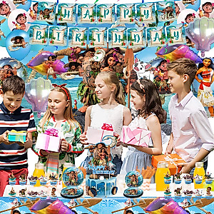 Moana Birthday Party Supplies, Birthday Party Decorations Including Banner Balloons Cupcake Toppers Tablecloth Tableware Background for Moana Theme Party Decorations