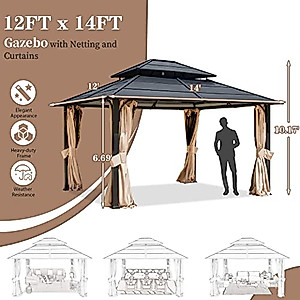12' x 14' Metal Gazebo W/Double Roof, Anti-Rust Coating Iron Hardtop Sun Shade Shelter Outdoor Canopy & Pergolas w/Curtains and Netting, Steel Grill Gazebo for Patio Garden Lawn Deck, w/Hook Design