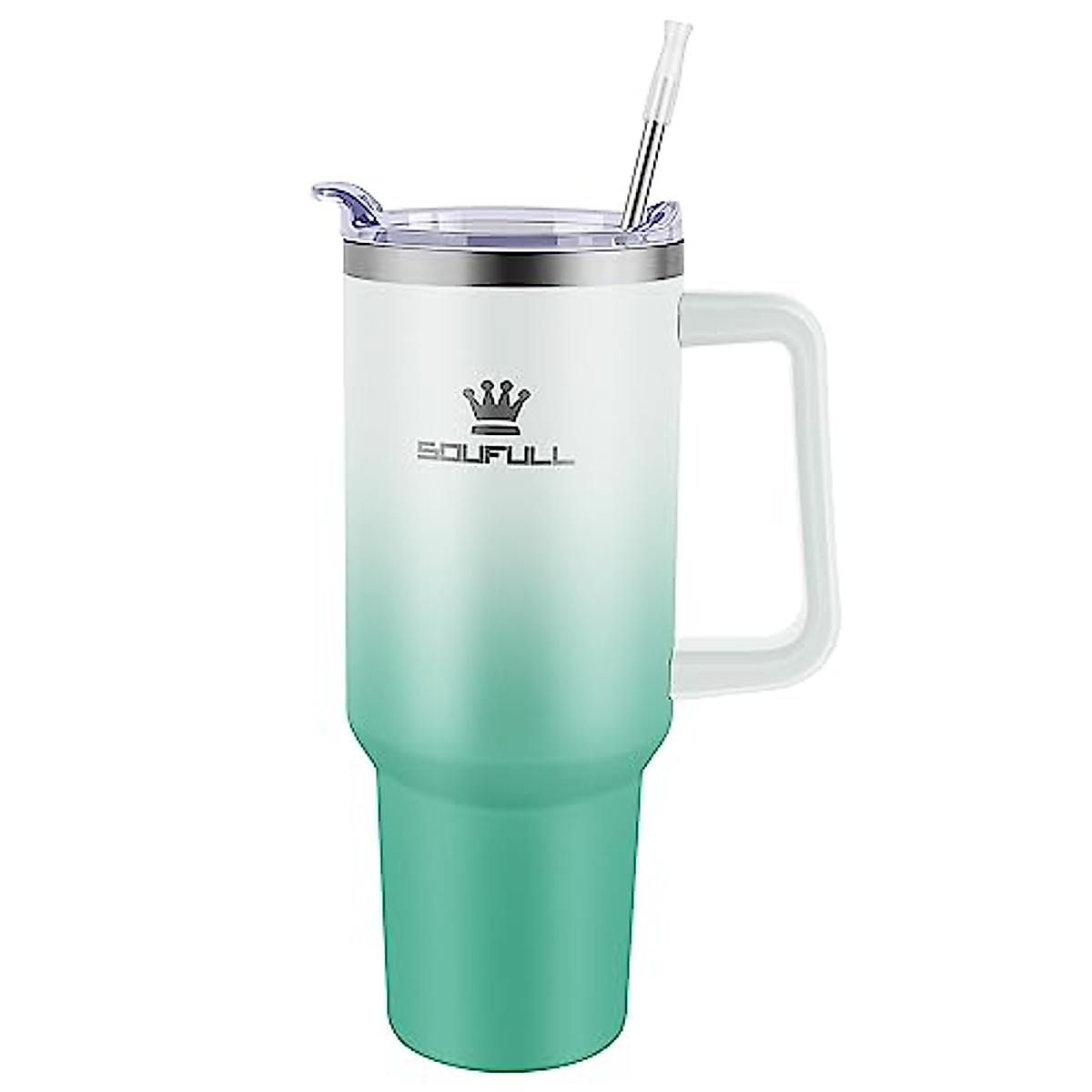 40 oz Tumbler with Handle and Straw Lid, 100% Leak-proof Travel Coffee Mug, Stainless Steel Insulated Cup for Hot Cold Beverages, Keeps Cold for 34Hrs or Hot for 10Hrs, Dishwasher Safe (WhiteGreen)