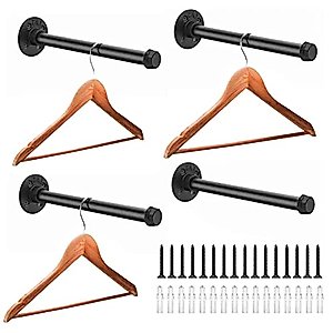 Bailoo Industrial Pipe Clothing Rack 12 Inch 4 Pack, Wall Mounted Clothes Rack Heavy Duty Rustic Vintage Steel Black Metal Clothing Hanging Rod