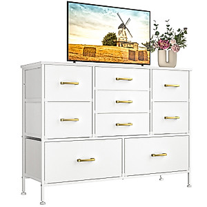 YILQQPER Wide Dresser for Bedroom TV Stand Entertainment Center with Large Chest of 9 Drawers for 50'' TV with Leather Front, Metal Handles for Closet, Entryway, Living Room, Glacier White