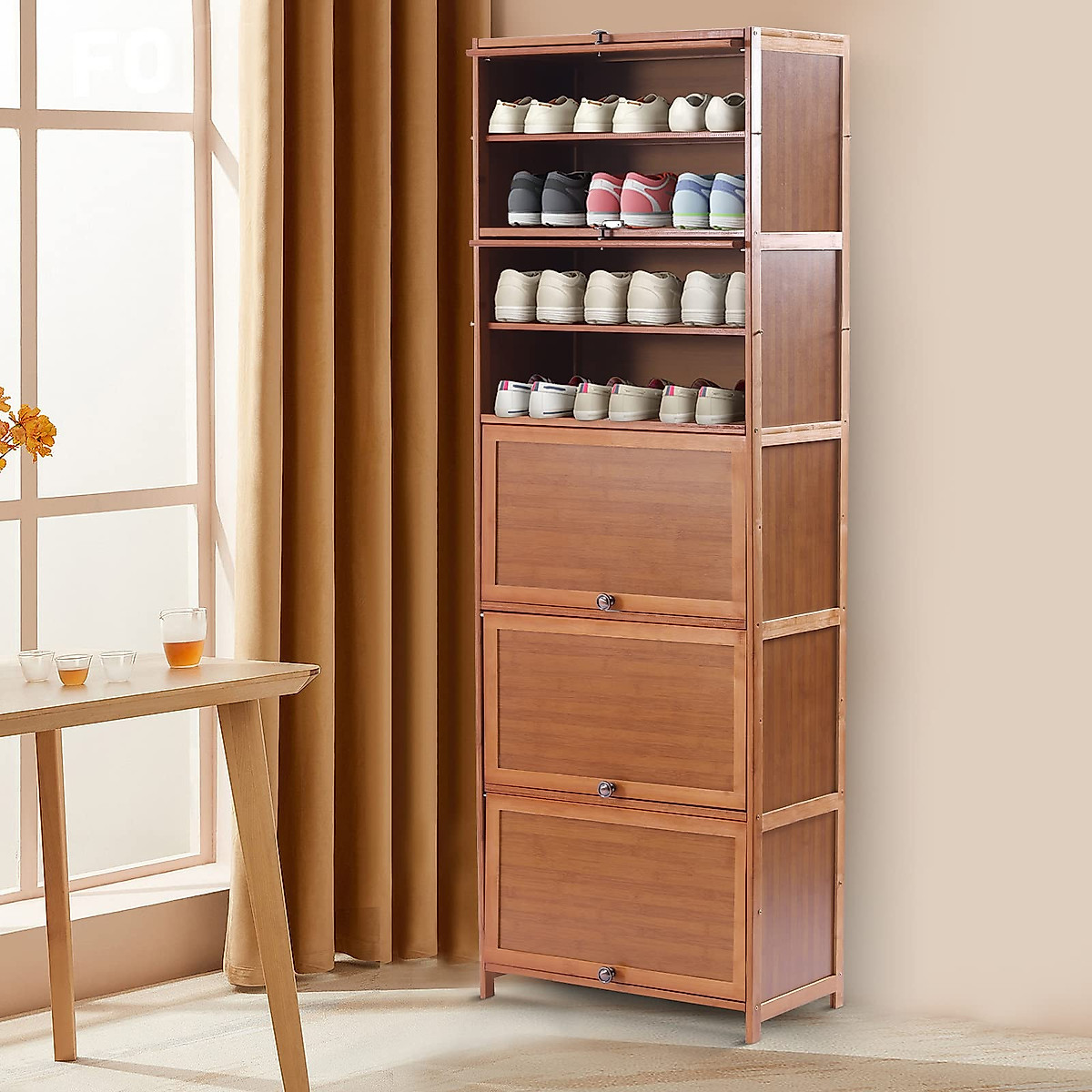 RIQUIPAI 10 Tier Shoe Storage Rack, Tall Bamboo Shoe Cabinet with Concealed Sliding Door & Raised Legs, Freestanding Shoe Rack for Living Room, Bedroom, Apartment, Entryway