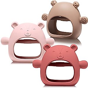 Chumia 3 Pack Baby Teether Teething Toys for Babies 0-6 Months Baby Teething Toy Silicone Anti Dropping Infant Hand Teether Pacifiers Wrist Hand Chew Toys for Sucking Needs (Caramel, Red, Pink)