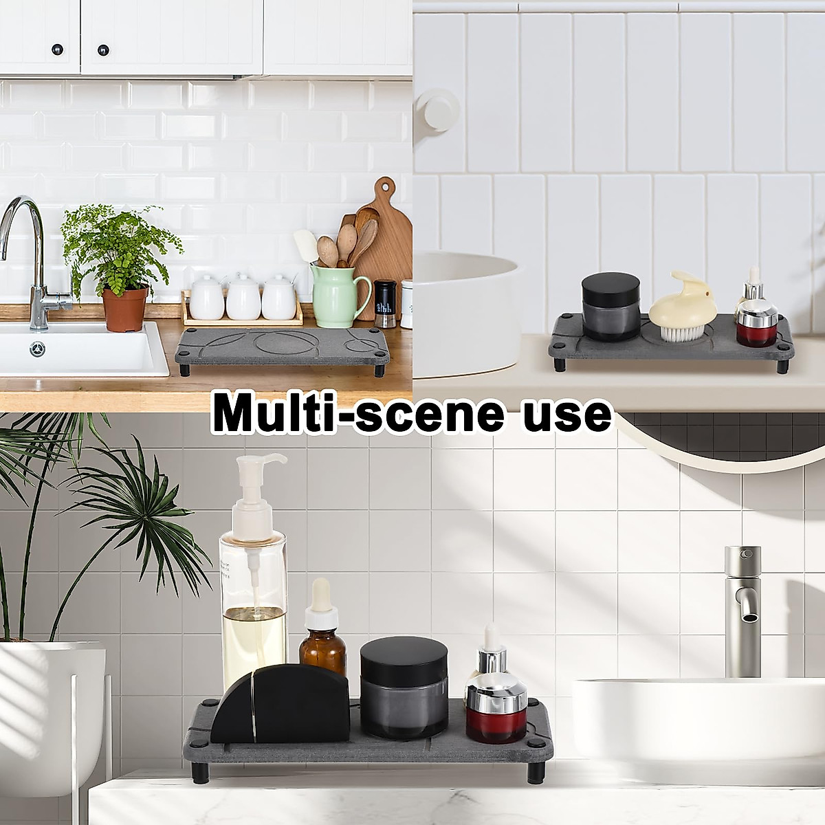 uxcell 2pcs Instant Dry Sink Organizer, Fast Drying Stone Sink Tray, Water Absorbing Stone Tray with Stainless Steel Feet for Bathroom Organization Grey