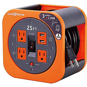 Link2Home Cord Reel 25 ft. Extension Cord 4 Power Outlets, 2 USB Ports, 2.4A Fast Charge – 16 AWG SJT Cable.