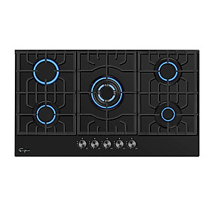 Empava 30" Gas Stove Cooktop LPG/NG Convertible with 5 Italy SABAF Burners Tempered Glass in Black, 30 Inch
