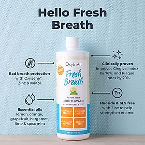 Premium Oxyfresh Lemon Mint Fresh Breath Mouthwash – Oral Rinse for Bad Breath – SLS & Fluoride Free Mouthwash – Alcohol Free, Gentle Non Burning Mouthwash with Xylitol & Essential Oils, 16 oz