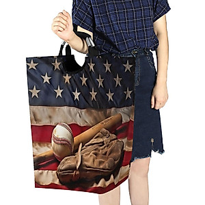 YETTASBIN Baseball American Flag Laundry Hamper, Waterproof Foldable Laundry Basket Large Dirty Clothes Toys Storage Basket with Handle for Bathroom, Bedroom, Laundry Room, Playroom