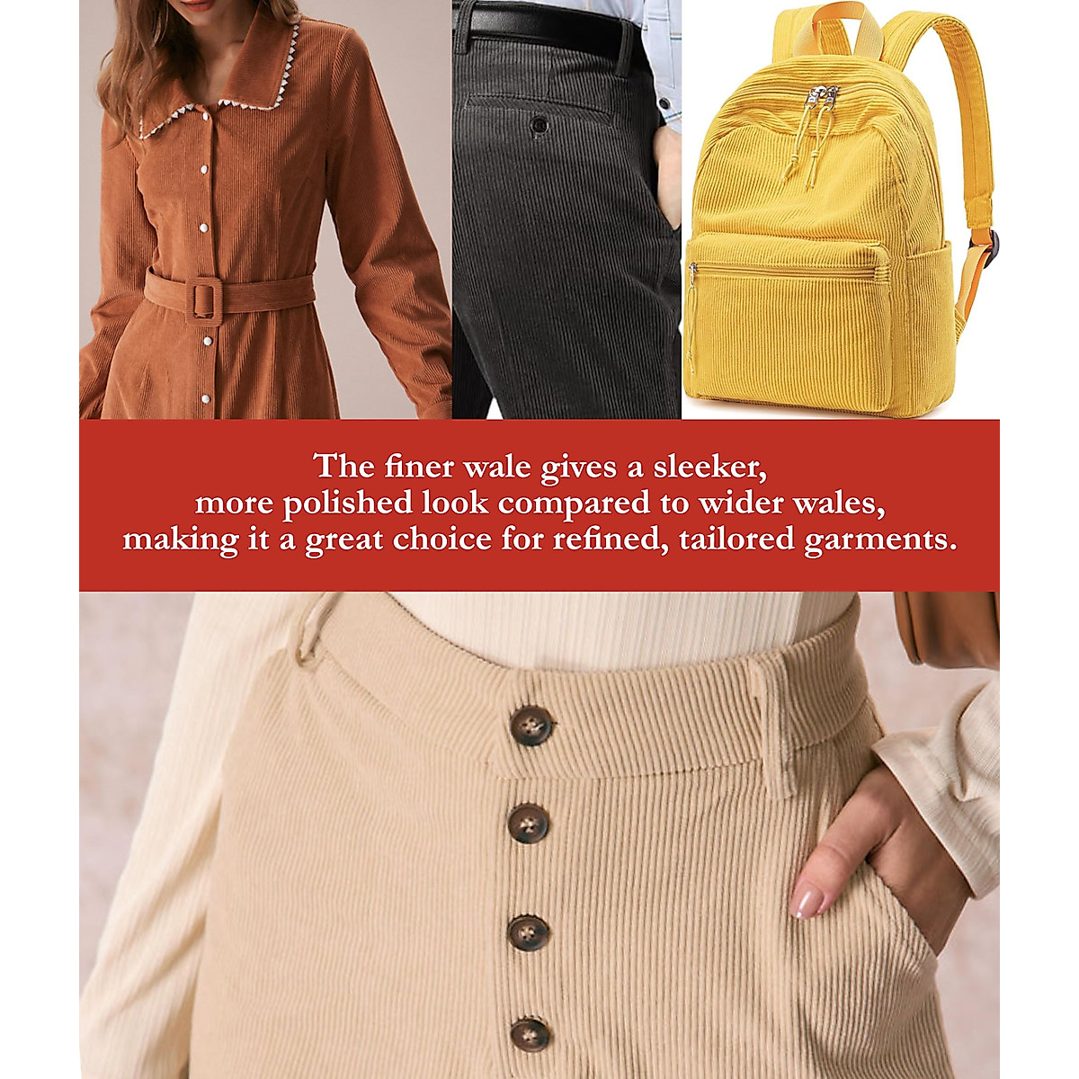 Corduroy Fabric 8 Wale Apparel 290-300GSM Solid Color by Continuous Yard 58" W 100% Cotton - Egyptian Yarn Stripe Texture Soft Trouser Coat Cushion Cover Sofa Cover Sewing Costume Upholstery Navy