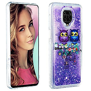 OOPKINS Glitter Liquid Case for Redmi Note 9 Pro Sparkle Floating Shiny Quicksand Clear Soft TPU Silicone Shockproof Protective Bumper Thin Cover for Redmi Note 9 Pro/9S Bling Couple Owl XY