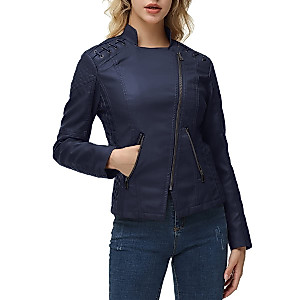 MODFUL Women's Faux Leather Moto Jacket Casual Short Solid Color PU Biker Coat with Pockets(Navy,Medium)