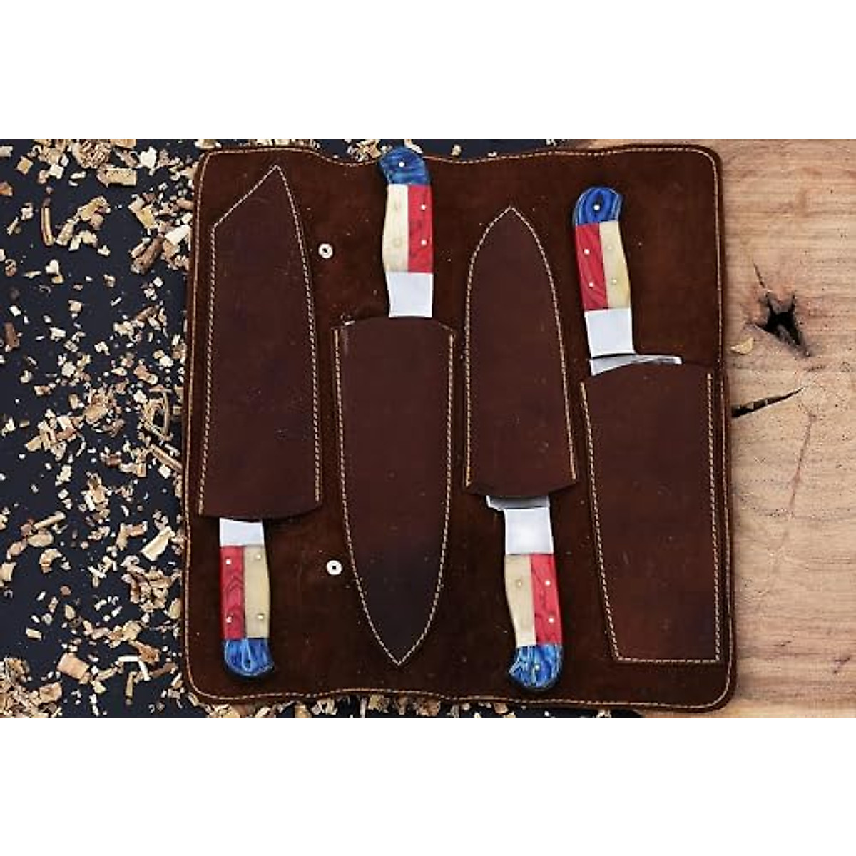 Vintage Blacksmith/Handmade Damascus Hunting Knife - fixed Blade Hunting Knife with Sheath Handmade Damascus Chef Knives Set of 4 pcs