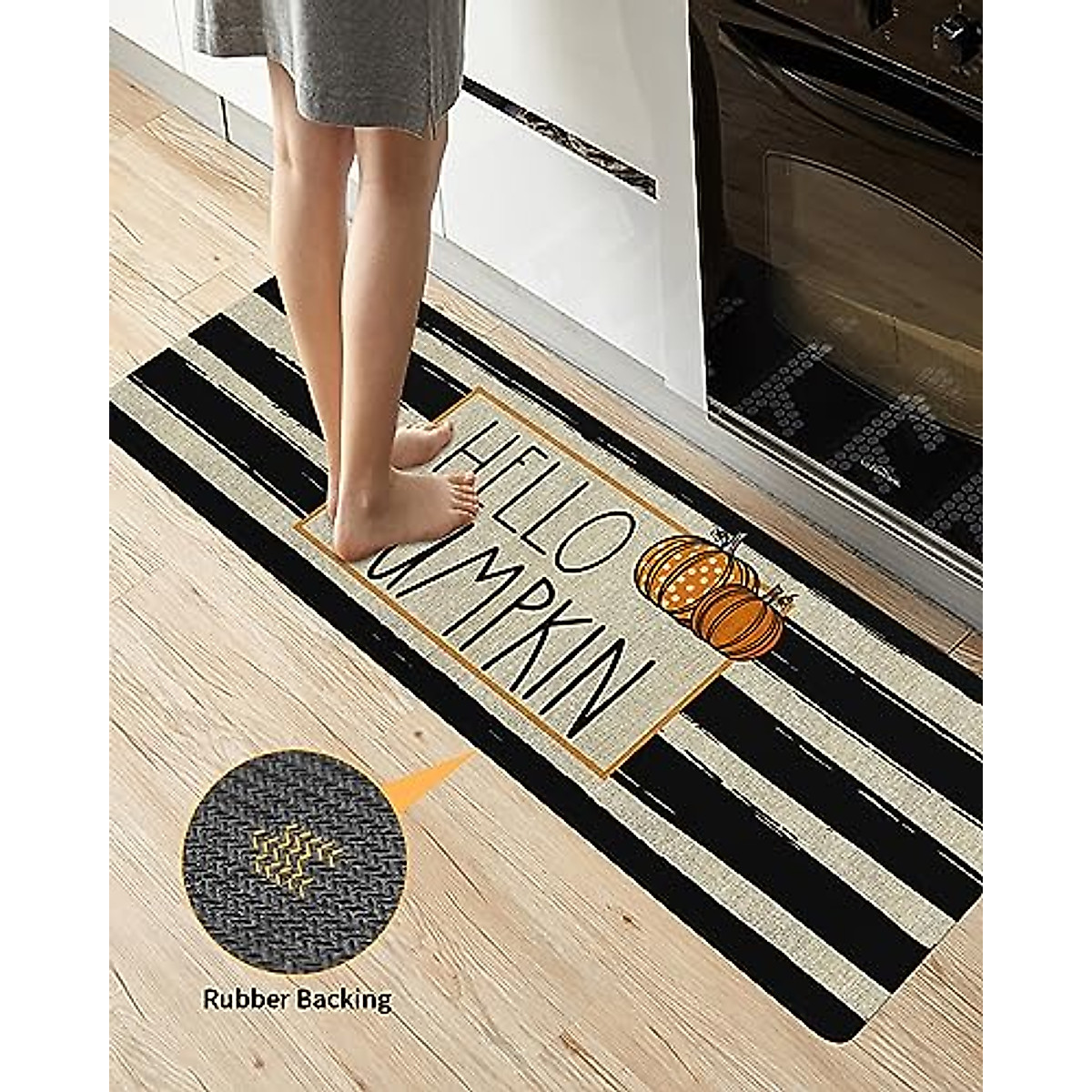 Thanksgiving Bath Mat for Tub,Non Slip Bathroom Floor Runner Rug Quick Dry & Absorbent Diatomaceous Earth Shower Sink Bedroom Kitchen Washable Doormat,Boho Polka Dot Pumpkin Black Stripes 20"x47"
