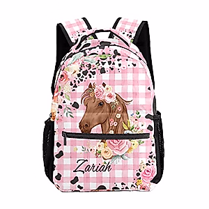 Deven Floral Horse Pink Plaid Personalized Kids Backpack for Boy/Girl Teen Primary School Daypack Travel Bag Bookbag