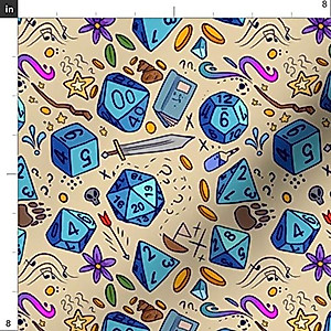Spoonflower Fabric - Blue Fantasy Illustration Sword Dice Dragons Printed on Petal Signature Cotton Fabric Fat Quarter - Sewing Quilting Apparel Crafts Decor