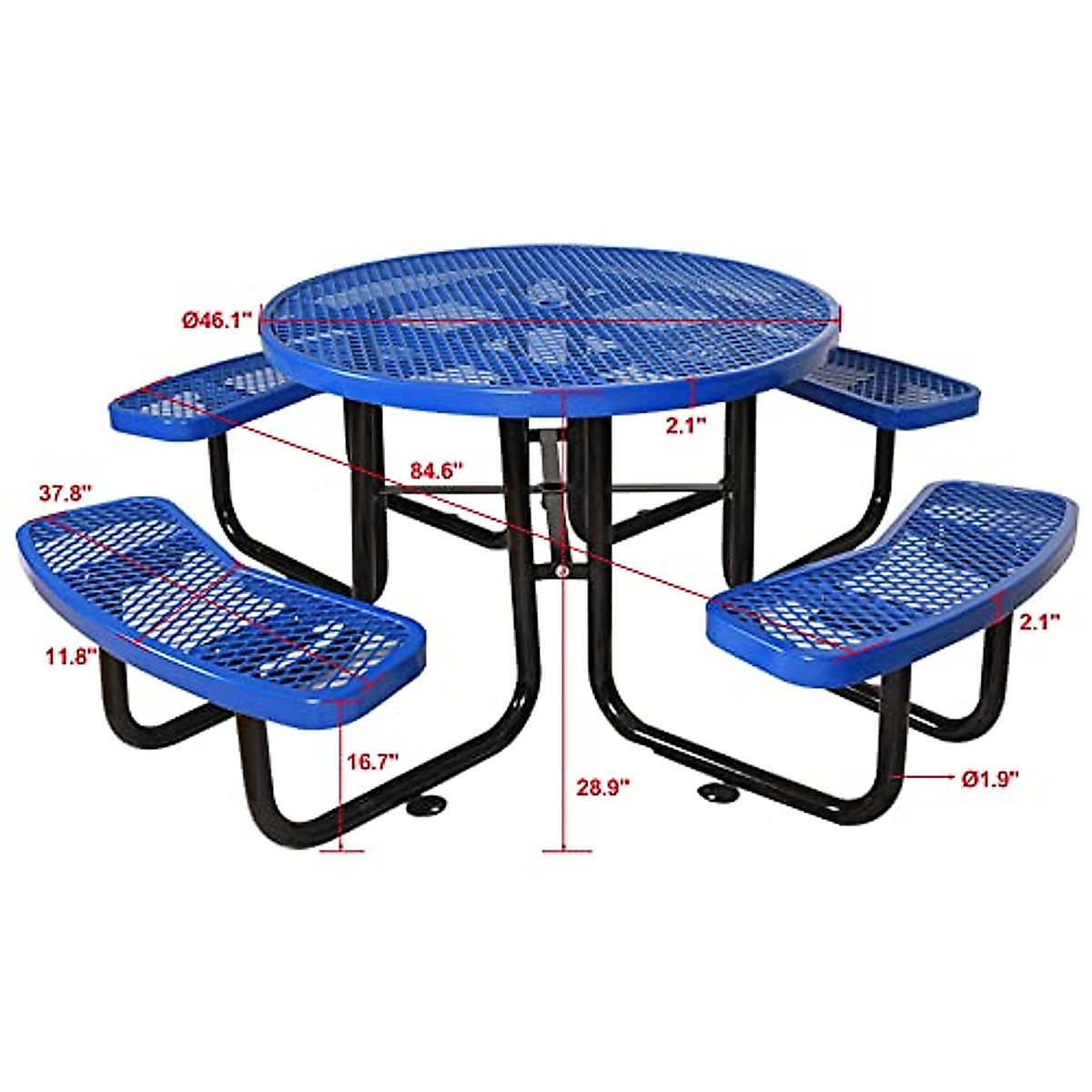 HONOOR Expanded Metal Picnic Table for Outdoors Lifetime Picnic Table with Umbrella Hole,Heavy Duty Sturdy Commercial Picnic Tables for Garden Courtyard BBQ, Round 46 inch Blue (ASW333)