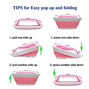 SAMMART 41L Collapsible 3 Handled Plastic Laundry Basket - Foldable Pop Up Storage Container/Organizer - Portable Washing Tub - Space Saving Hamper/Basket (3 handled rectangular, White/Pink)
