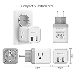 TESSAN Type E F Plug Adapter, France Germany Power Adapter with 2 USB 3 American Outlets, Schuko European Travel Plug Adaptor for US to Europe German Frence Iceland Spain Russia Poland EU