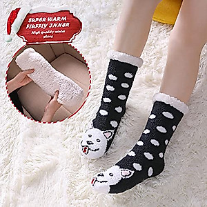 DYW Women Winter Thick Slipper Socks with Grippers Non Slip Warm Fleece Lining Fluffy Fuzzy Socks Christmas Gifts (Dog B)